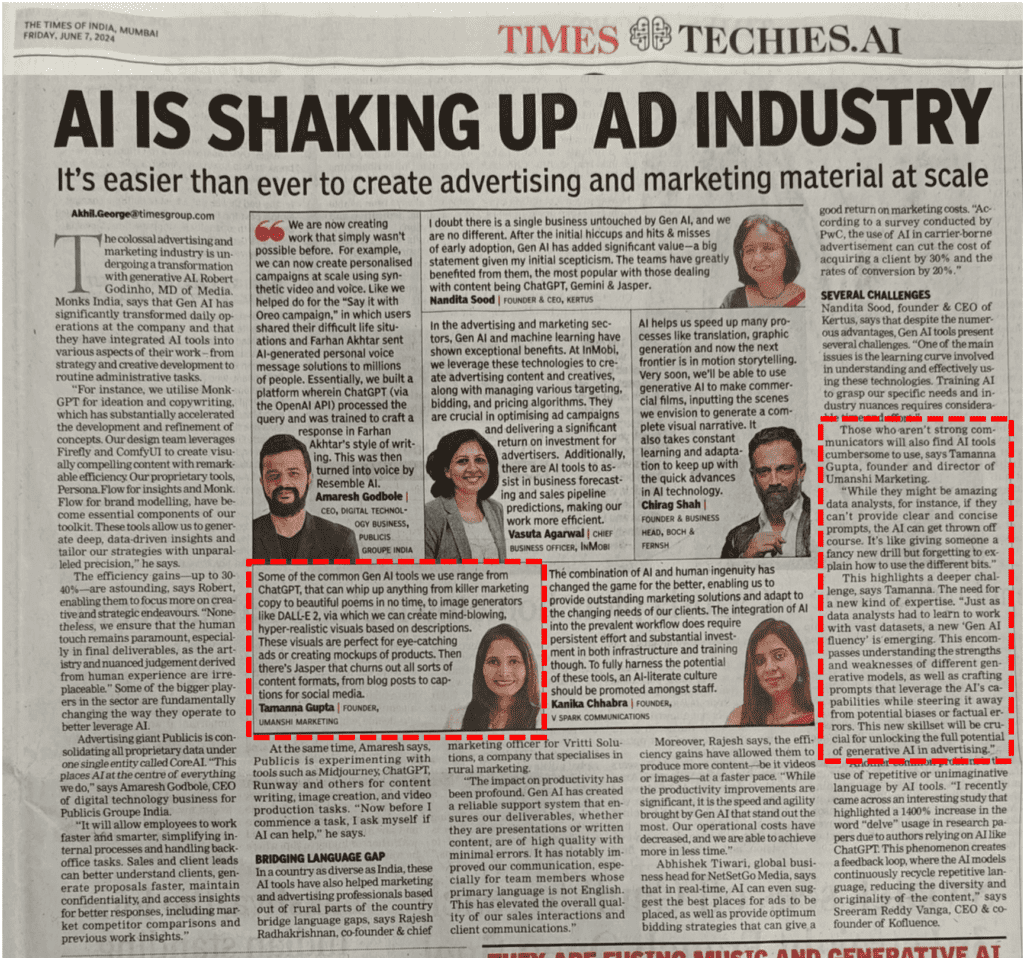 Umanshi's feature in Times Of India's Times Techies.AI Section